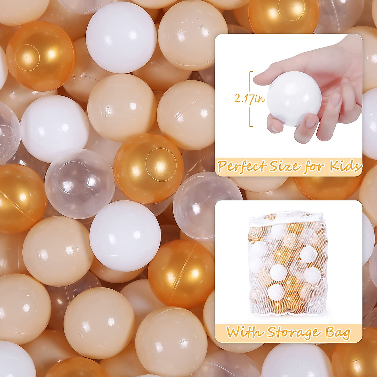 Realhaha Ball Pit Balls 100 Play Balls Plastic Balls for Baby Girls Toddlers Kids Play Tent Pool Playhouse Playpen Party Decoration, Gold Milktea White