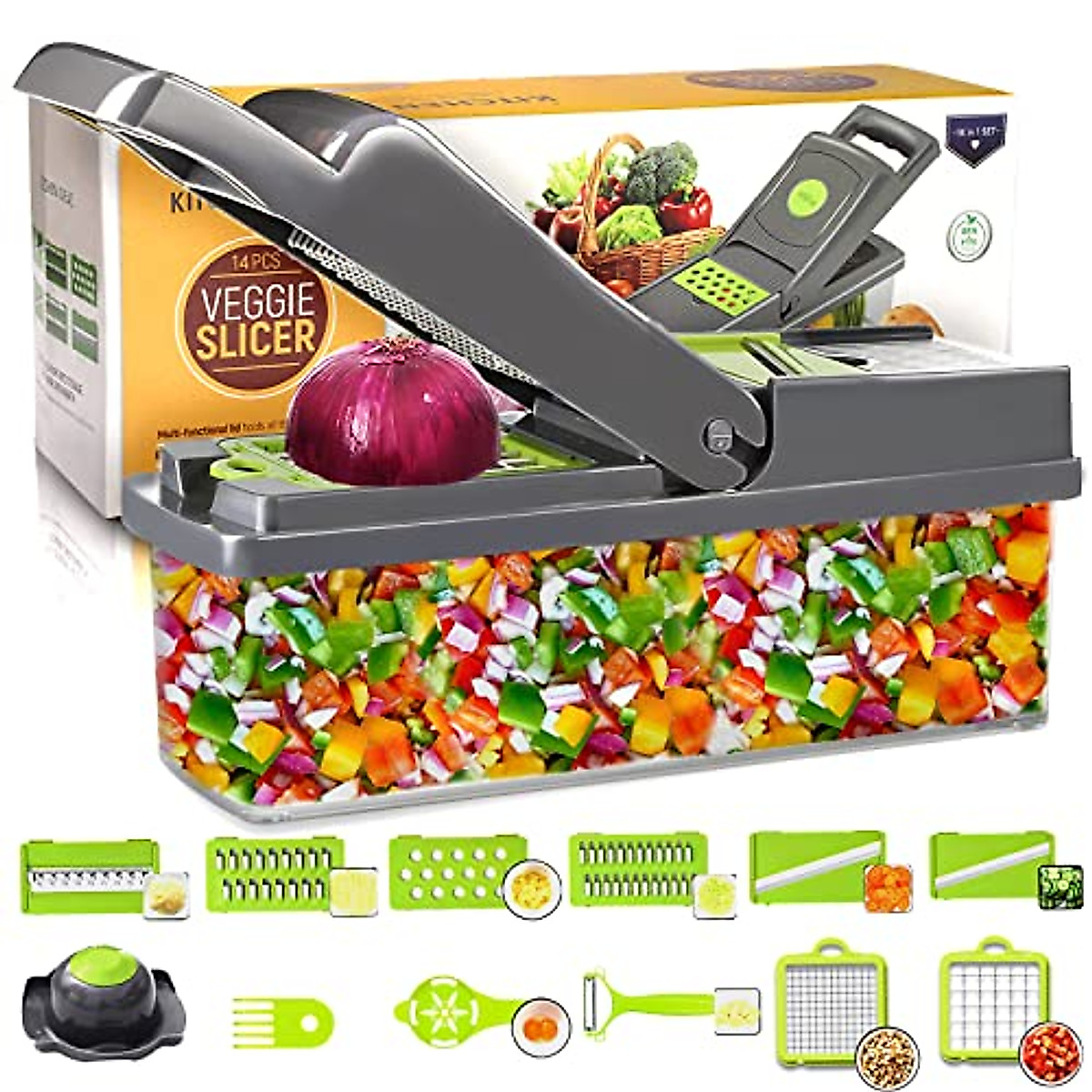 SPLMIFA Vegetable Chopper - Adjustable Vegetable Slicer - Kitchen Gift Gadget Slicer for Salad Potatoes Carrots Garlic with Container Onion Chopper with Container - Professional Food Chopper 12 in 1
