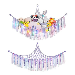 LONCHDAN Stuffed Animal Hammock, Stuffed Animal net or Hammock with LED Hammock for Stuffed Animals Storage Macrame Netting Plushie Hanging Corner for Nursery Bedroom (Purple)