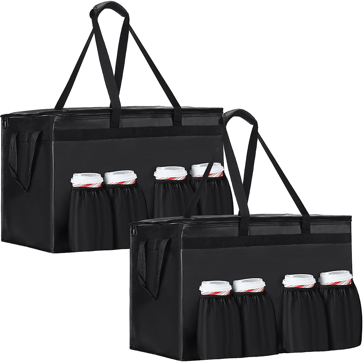 FillTouch 2 Pcs Extra Large Insulated Food Delivery Bag with Cup Holders 23 x 15 x 14 Inch Pizza Delivery Bags Insulated with Zippered for Beverages Grocery Pizza, Commercial Quality Hot and Cold