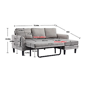 Modern Velvet Pull Out Sleeper Sofa Bed with Chaise, Comfy L Shaped Convertible Couch with Storage and Pocket, Sectional 3 Seat Couch for Living Room Furniture or Office, Smooth Back - Light Gray