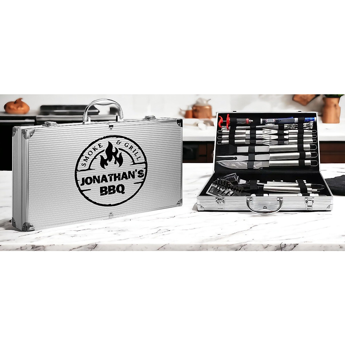 Personalized 34pc BBQ Grill Accessories Set with Thermometer - Father's Day Gift - Personalized Heavy Duty Stainless Steel Grill Set in Case - House Warming Gift