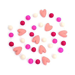 Glaciart One Pom Pom Garland - Wool Felt Ball Garland - 9 Feet, 25 Balls, 8 Hearts, 4 Valentines Colors, Pom Pom Decorations, Nursery Decor, Bunting, Birthday Party Decorations, Carnival, Photo Prop