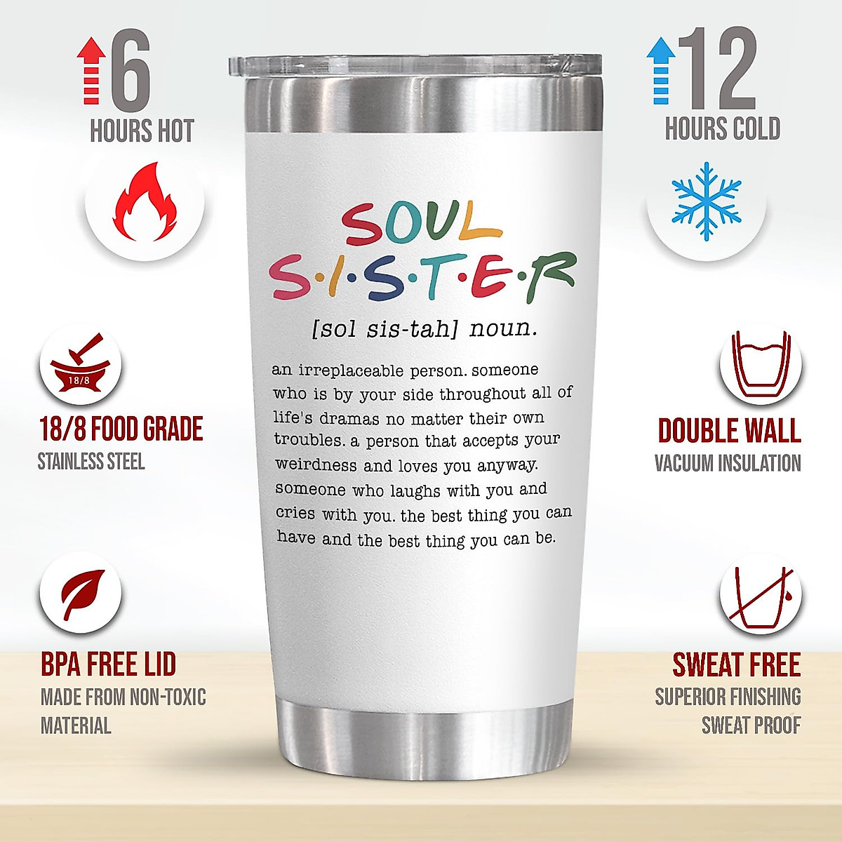 TEEZWONDER Soul Sister Gifts for Women - Stainless Steel Insulated Coffee Tumbler With Lid 20 Oz - Birthday Mothers Day Gifts for Friendship Women Friend BFF Female Work Bestie Coworkers