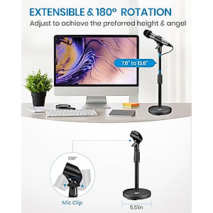 Moukey Desk Mic Stand with Non-Slip Mic Clip Adjustable Table Top Microphone Stand with 5/8" Male to 3/8" Female Screw Fits Most Microphone, MMs-2