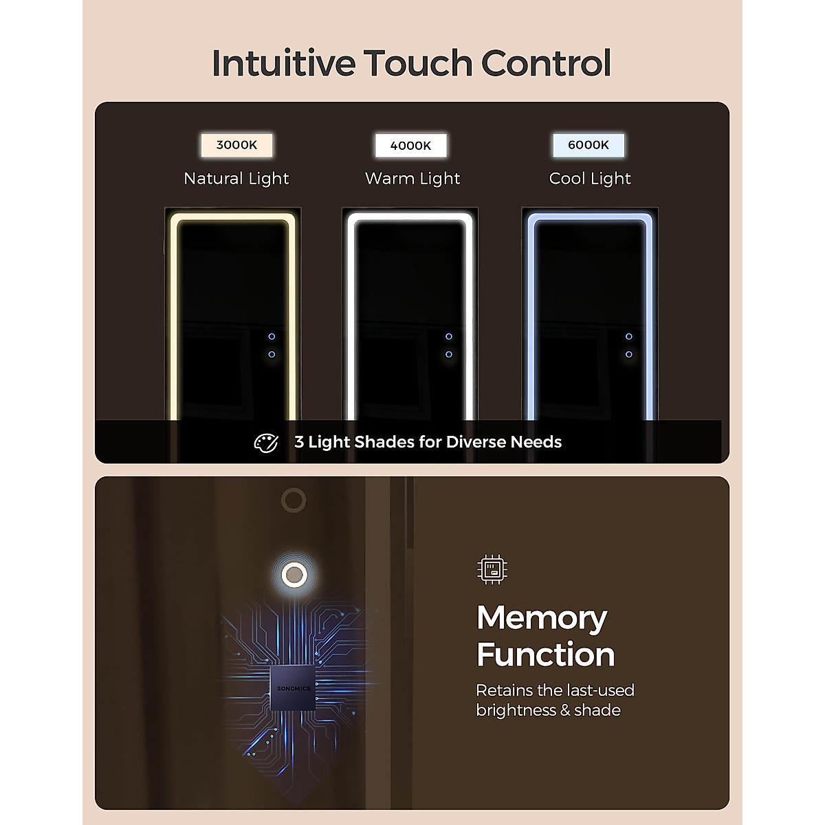 SONGMICS LED Mirror Jewelry Cabinet Standing, Lockable Jewelry Armoire with Full-Length Mirror and Adjustable LED Lights, Space-Saving Jewelry Organizer with Mirror, Gift Idea, Cloud White UJJC008W01