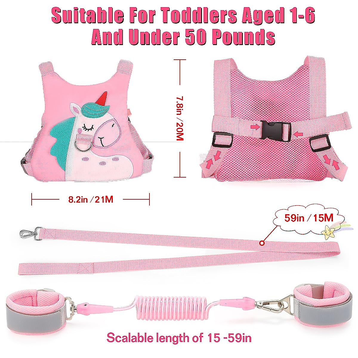Toddler Leash-Baby Walking Safty Harness and Child Anti Lost Wrist Link for Girls/Boys Travel (Pink)