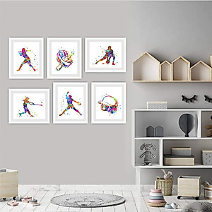 Dignovel Studios Unframed (Set of 6) 8X10 Watercolor Girl Baseball Softball helmet glove ball bat blazer Sport Art print Bedroom Wall Art dnc4