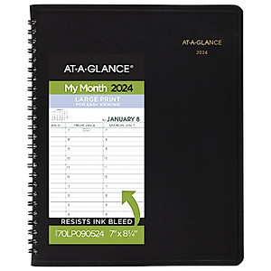 AT-A-GLANCE 2024 Monthly Planner, 7" x 8-3/4", Medium, Large Print, Black (70LP090524)