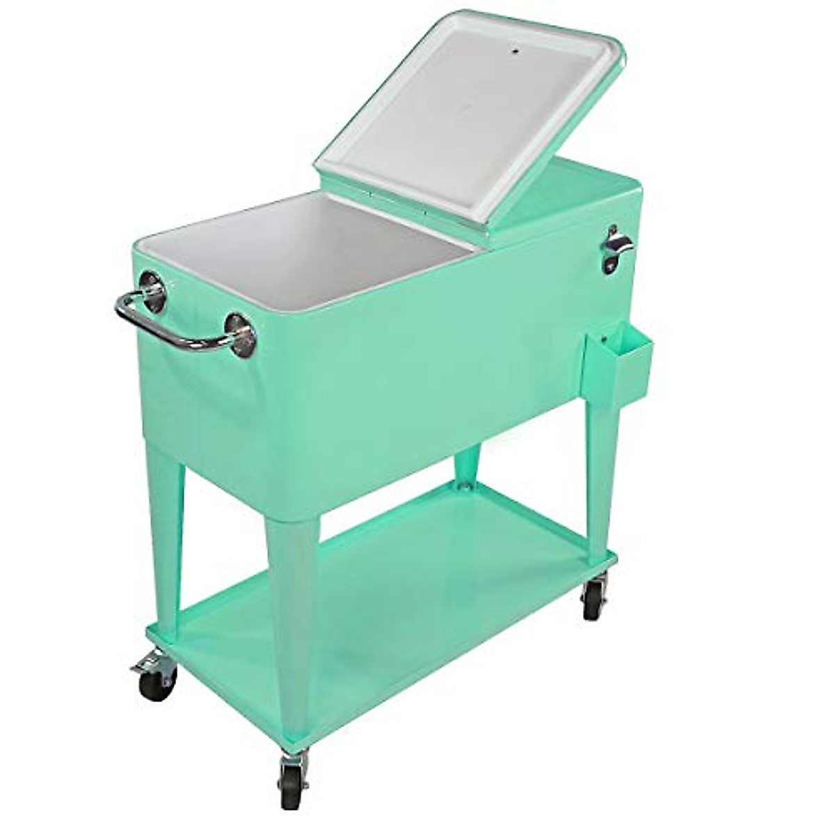 HomeAesthetics 80 Qt. Retro Rolling Cooler Ice Chest Cart with Shelf & Bottle Opener - Seafoam, Great for Outdoors, Patios, Decks, Parties, Backyards, Bars