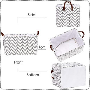 Sea Team Modern Arrowhead Pattern Canvas Fabric Storage Basket Collapsible Geometric Design Storage Bin with Drawstring Cover and PU Leather Handles, 16.5 by 11.8 inches, Waterproof Inner, Grey