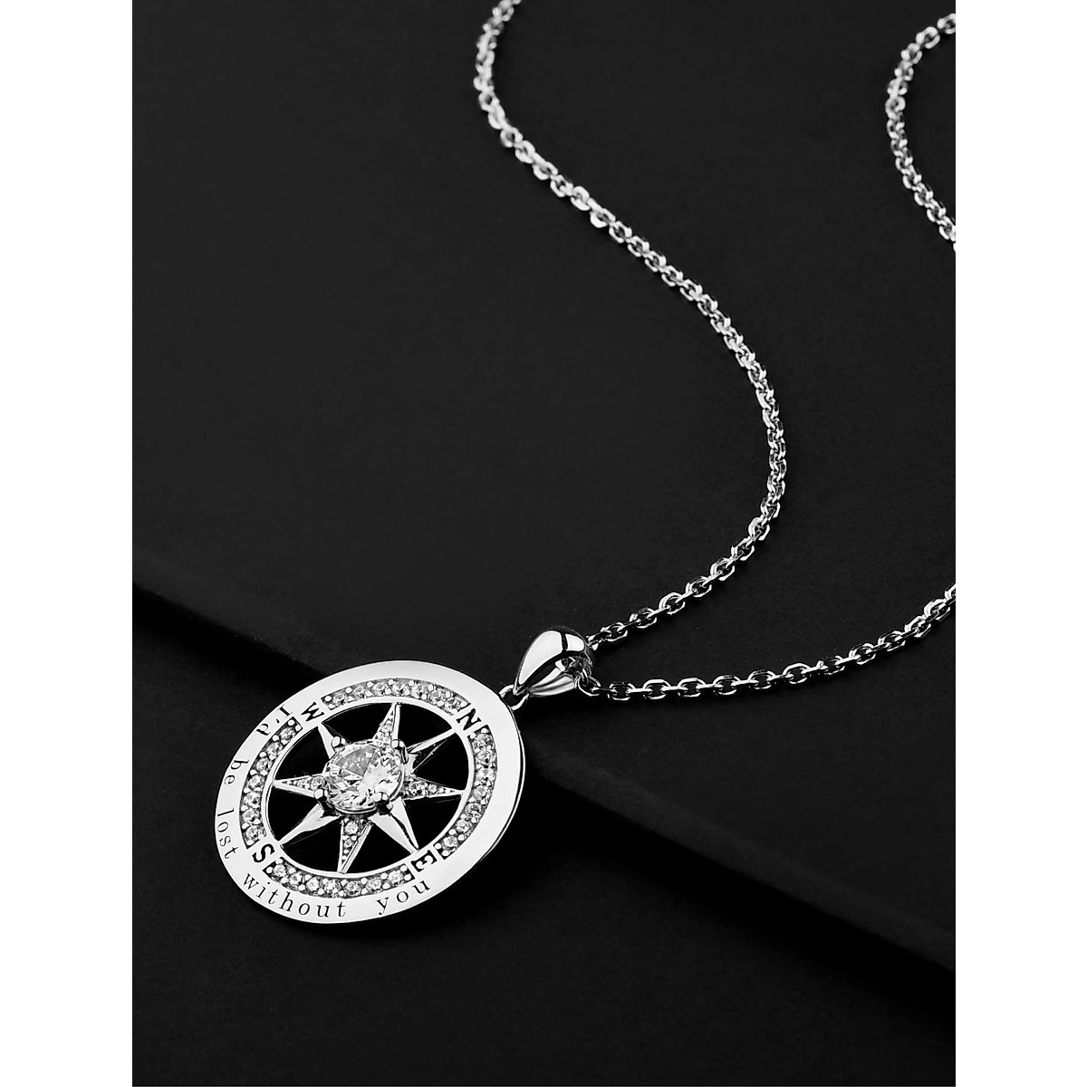 S925 Sterling Silver Compass Necklaces for Women Teen Girls I'd be Lost without You 5A Cubic Zirconia 18K White Gold Plated Jewelry