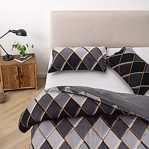 Bsmilly Geometric Duvet Cover Set Golden Modern Pattern Printed with Zipper Closure 3pcs Polyester Fiber 1 Pillowcase (Full Grey)