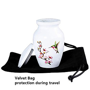 ICOKEE Hummingbird Small Urn for Human Ashes or Pet Ashes - Aluminum Cremation Mini Urn for Ashes - White Memorial Keepsake Urn - Qty 1- with Velvet Bag