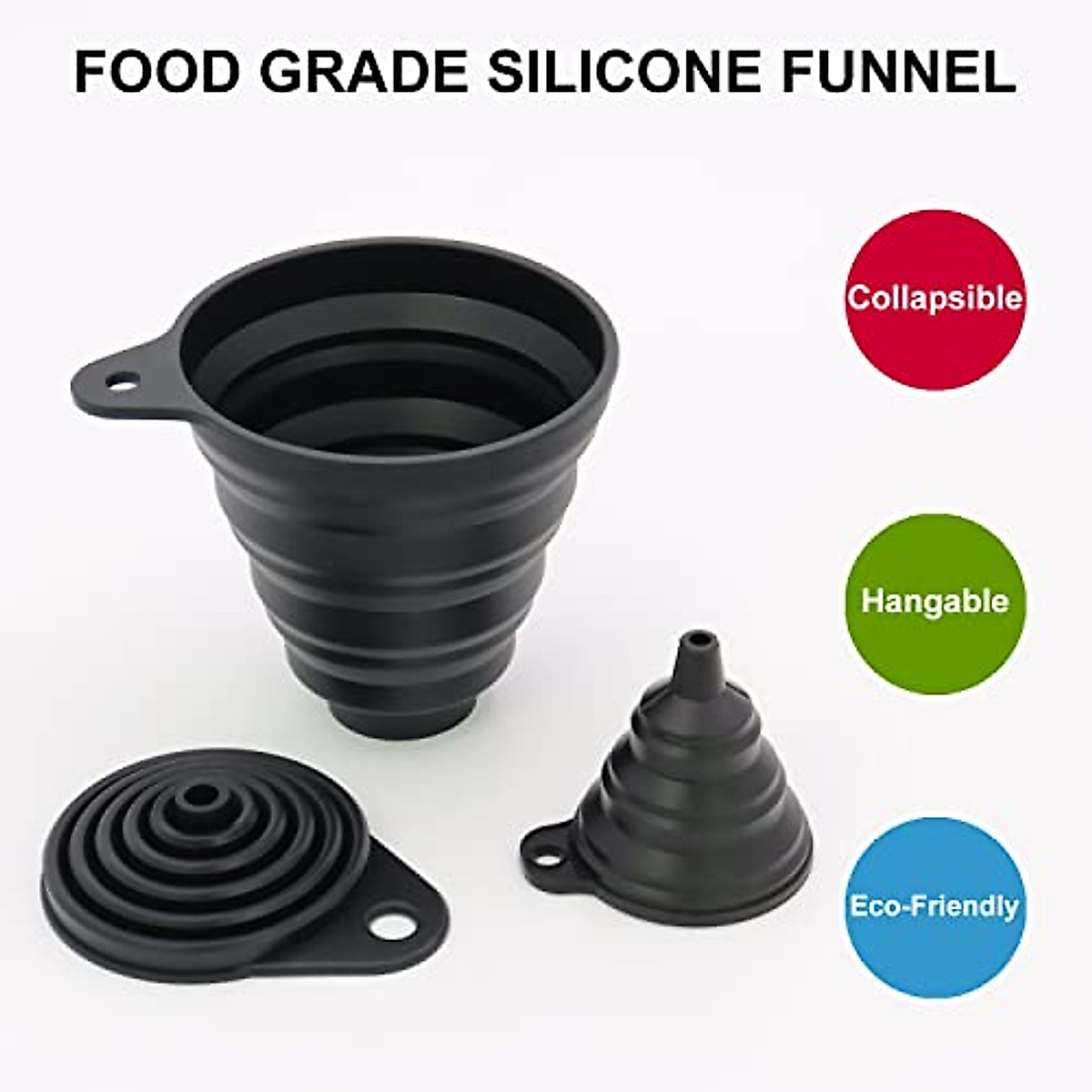 3 Sizes of Kitchen Funnel Set, Food Grade Funnels for Filling Bottles, Premium Silicone Collapsible Funnel for Transferring Liquid, Powder Transfer, Large Wide Mouth Canning Funnel, Small Funnel