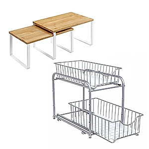 SONGMICS 2-Pack Kitchen Shelves and Pull-Out Cabinet Organizer Bundle, Stackable, Under Sink Organizers with Storage Baskets, for Kitchen Bathroom UKCS02NW and UKCS017E01