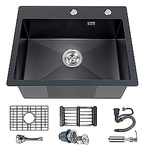 Black Kitchen Sink Stainless Steel 19.7 x 15.7 Inch Single Bowl Drop In Kitchen Sink With Gift: Stainless Steel Bottom Grid, Faucet Sprayer, Drain Strainer Set for Modern Kitchen Sink