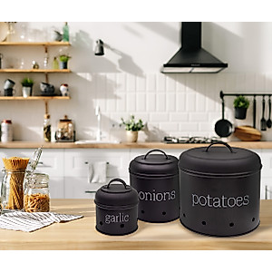 AuldHome Potatoes, Onions and Garlic Canister Set (Black); Contemporary Vegetable Storage Containers