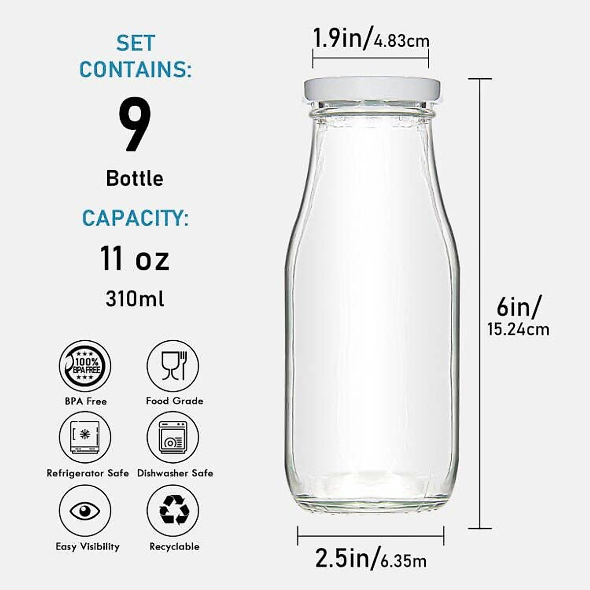 YEBODA 11oz Glass Milk Bottles with Reusable Metal Twist Lids and Straws for Beverage Glassware and Drinkware Parties, Weddings, BBQ, Picnics, Set of 9