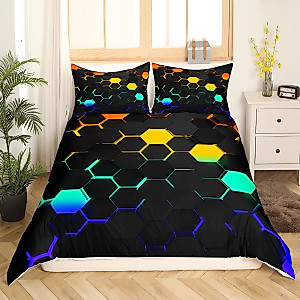 3D Honeycomb Duvet Cover Set Twin Size,Colorful Neon Light Hexagon Bedding Set 2pcs Kids Boys Teens Girls Bedroom Decor Fashion Geometric Comforter Cover Black Cool Gaming Quilt Cover,1 Pillowcase