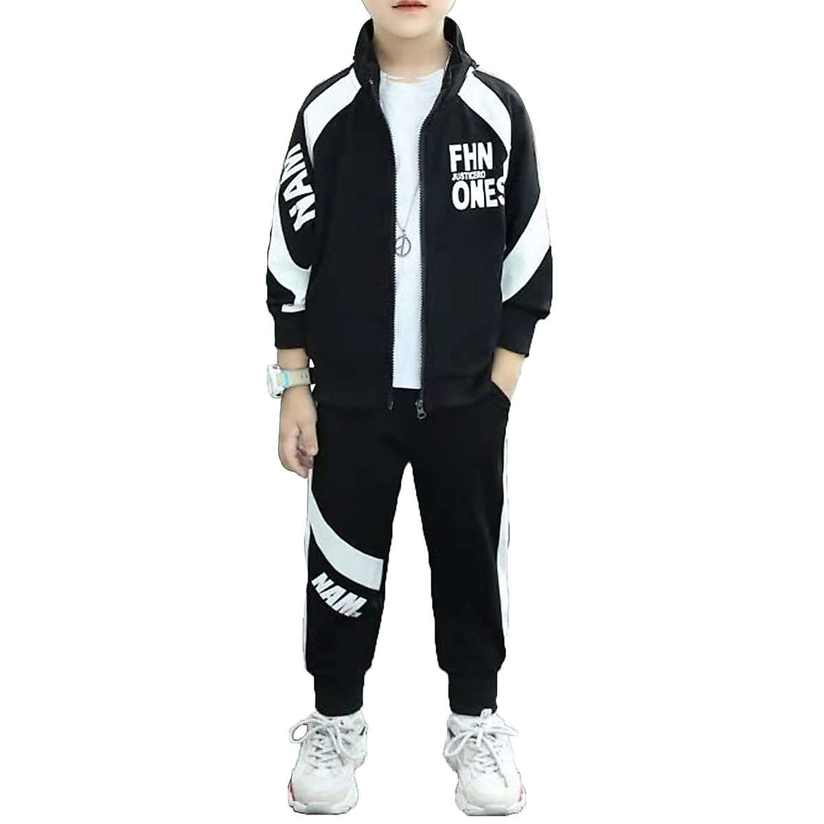YEAHDOR Kids Boys 2 Piece Tracksuit Set Long Sleeve Hoodies Sweatshirt and Sweatpants Outfit Sport Athletic Activewear Black & white 7-8 Years