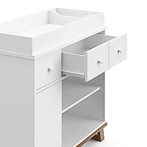 Storkcraft Modern Nursery Changing Table Combo Dresser (White with Vintage Driftwood) – Removable Changing Table Topper Fits Standard-Size Baby Changing Pad, 2 Drawers, 1 Cabinet, Storage Shelves