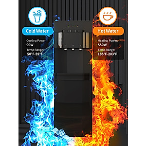 Tabu Hot & Cold Water Cooler Dispenser, Bottom Loading Holds 3 or 5 Gallon Bottle, with Anti-Scalding Design, Storage Cabinet and Child Safety Lock for Home, Office Use (Black)