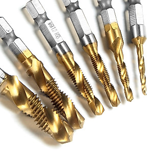 6 Pcs Spiral Tap Drill Bit Set Titanium Coated HSS Fluted Machine Screw Tap Kit, Hex Shank Combination Drill Tap Bit Spiral Screw Tap Set M3-M10, (1 Pack 6 Pcs Silver)