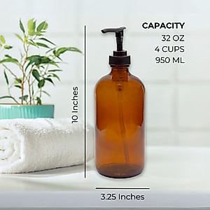 32-Ounce Amber Glass Lotion Pump Bottles (2-Pack); Quart Size Brown Bottles w/Black Plastic Locking Pump Dispensers; Includes Chalk Labels