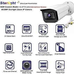 Starlight 8MP Poe Camera, 5X Optical Zoom with 196ft Night Vision, Audio Alarm in/Out Ports for Two-Way Audio Instant Alarm, SD Card Slot,WDR,IP67, 4K Security IP Camera(NO Logo)