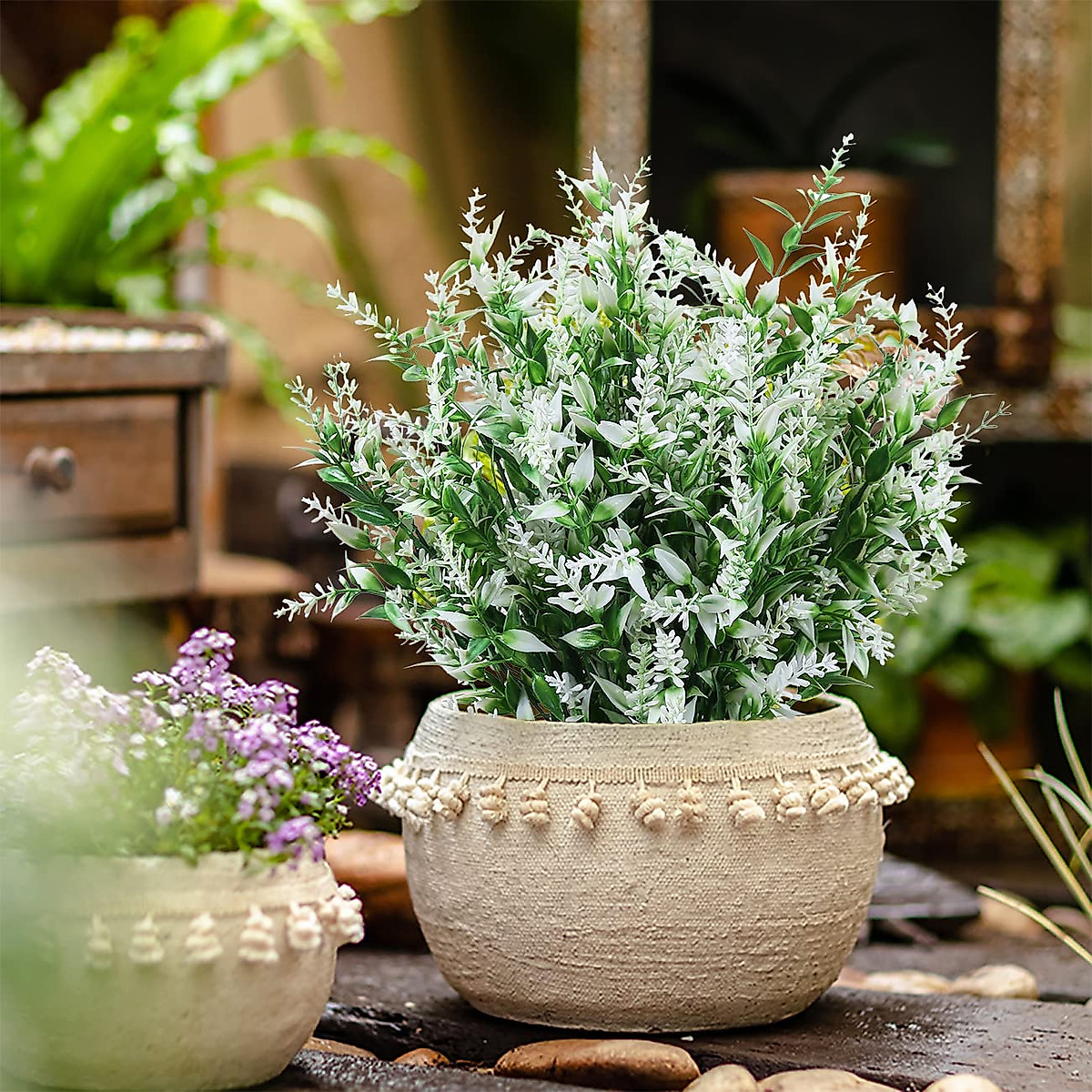 XLFAQXM 8 Pack Artificial Plants Flowers Grass Shrubs No Fade Faux Plastic Flowers Outdoor for Vases Farmhouse Garden Porch Patio Office Indoor Wedding Decoration Greenery Fake Plants (5#White)