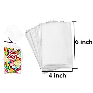 LiyuanQ 300 Pcs Clear Candy Bags Clear Cellophane Bags 4"x6" Cookie Bags with 6 Mix Colors Twist Ties - 1.4mils Thickness OPP Plastic Bags for Wedding Birthday Cake Pop Gift Candy Buffet Supplies