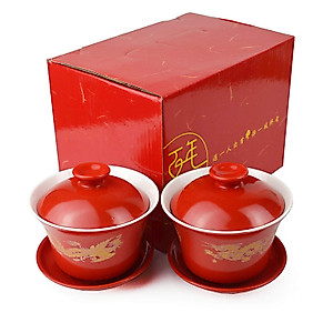 Gaiwan 2 Suits Porcelain Teacups 8oz Cups Chinese Dragon and Phoenix Cover Bowl Saucer Red tureen for Wedding Party (Dragon phoenix)
