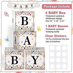 Heboland Wildflower Baby Shower Decorations Baby Boxes with Letters, 4 Pcs Baby in Bloom Thickend Cardstock Blocks Baby Banner, Box Clear Stickers for Girls Party Decor