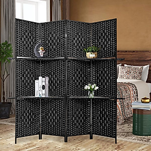 4-Panel Room Diviver Privacy Screen,Wooden Screen Folding Portable Partition Screen with Removable Storage Shelves,Indoor Partition Wall Dividers Freestanding Partition Screens for Home Office(Black)