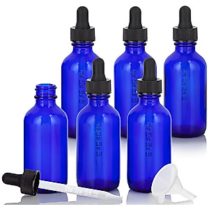 JUVITUS 2 oz / 60 ml Cobalt Blue Glass Boston Round Graduated Measurement Glass Dropper Bottle (6 pack) + Funnel