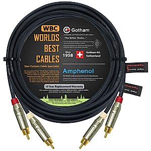 18 Foot RCA Cable Pair - Gotham GAC-4/1 (Black) Star-Quad Audio Interconnect Cable with Amphenol ACPR Die-Cast, Gold Plated RCA Connectors - Directional