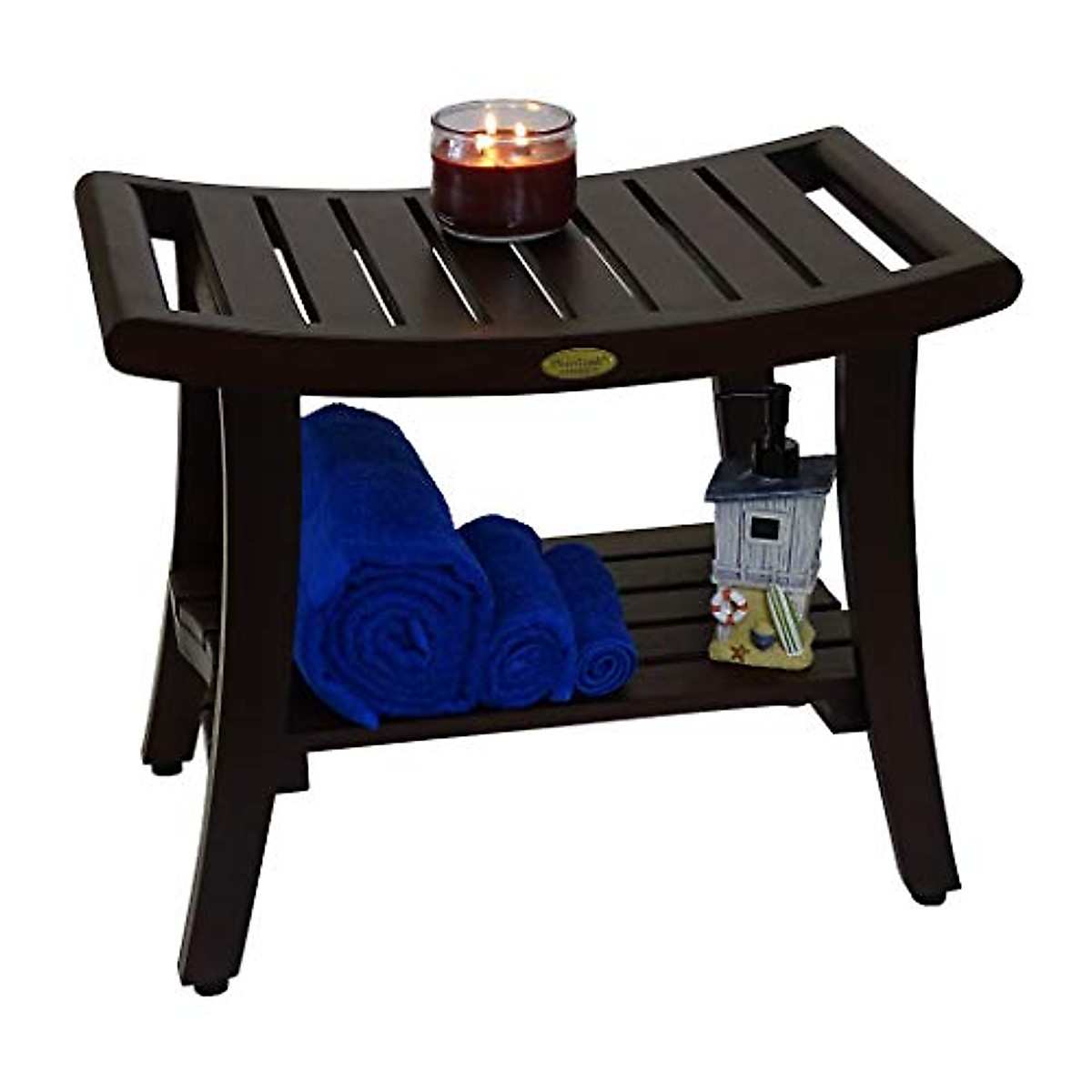 DecoTeak Harmony Shower Bench 24" Solid Teak Wood Shower Bench with Shelf and LiftAide Arms 300 Pound Weight Capacity Shower Stool in Woodland Brown Finish