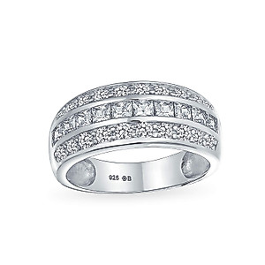 Bling Jewelry Art Deco AAA Cubic Zirconia Half Eternity Channel Set Princess Cut CZ Dome 3 Row Wide Statement Wedding Band Ring For Women .925 Sterling Silver Comfort Fit 8MM