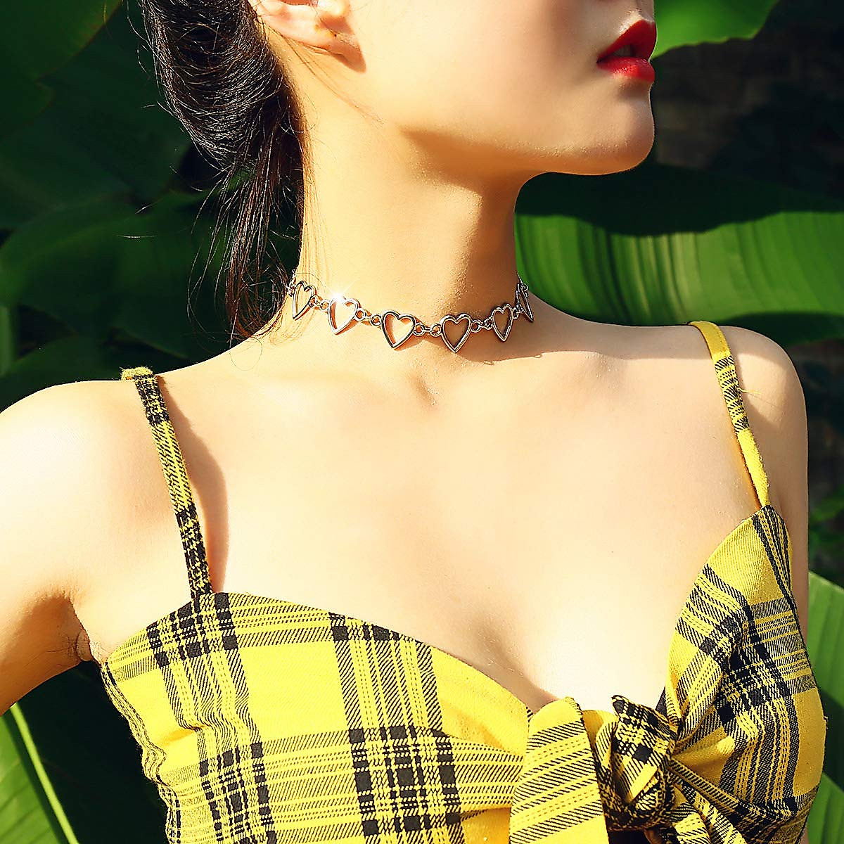 Suyi Choker Necklace - Simple Heart Chain Choker Statement Clavicle Necklace Gift for Women Necklace Jewerly HeartSilver