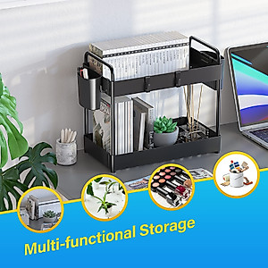 2 Pack Under Sink Organizers and Storage,2 Tier Under Bathroom Storage Rack with 12 Hooks,4 Hanging Cup, Bathroom Under Sink Shelf Cabinet Organizer Basket,Kitchen Multi-purpose Under Sink Storage