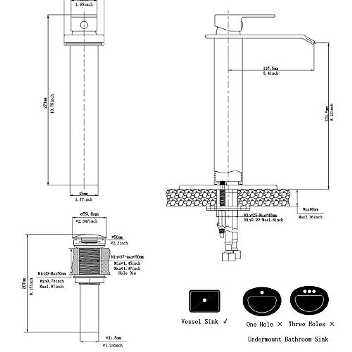 Bathfinesse Matte Black Bathroom Faucet Vessel Sink Bowl Faucet Tall with Pop Up Drain Assembly Single Handle Single Hole Vanity Lavatory Deck Mount Supply Lines Hose Lead-Free