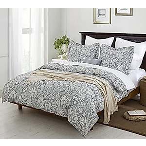 DAUAOTO King Size Duvet Cover Set - 104"X90" Cover + 2 Pillow Shams, Cotton Bedding Sets, Bluish Gray Botanic Pattern