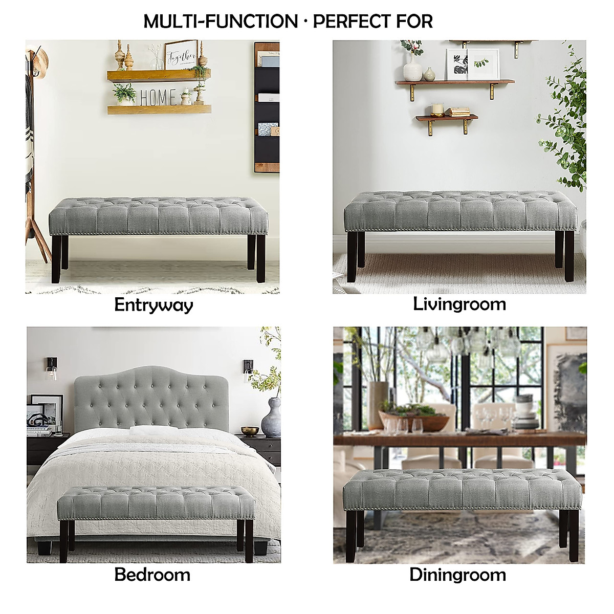 Rosevera Almaraz Linen Upholstered Bench with Silver Nailhead and Button Tufting for Bedroom and Living Room, Small, Gray