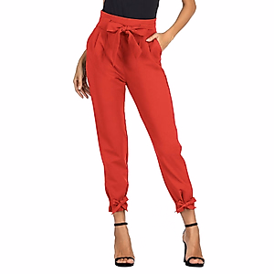 GRACE KARIN Womens Casual High Waist Pencil Pants with Pockets Bow-Knot Cropped Paper Bag Pants for Work Red XL