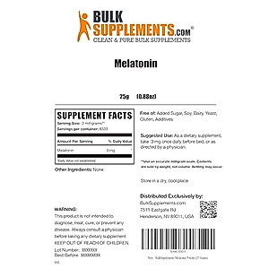 BULKSUPPLEMENTS.COM Melatonin Powder - Melatonin Sleep Supplement, Melatonin for Adults, Melatonin 3 mg - Vegan Melatonin, Pure & Gluten Free, 3mg per Serving, 25g (0.88 oz)