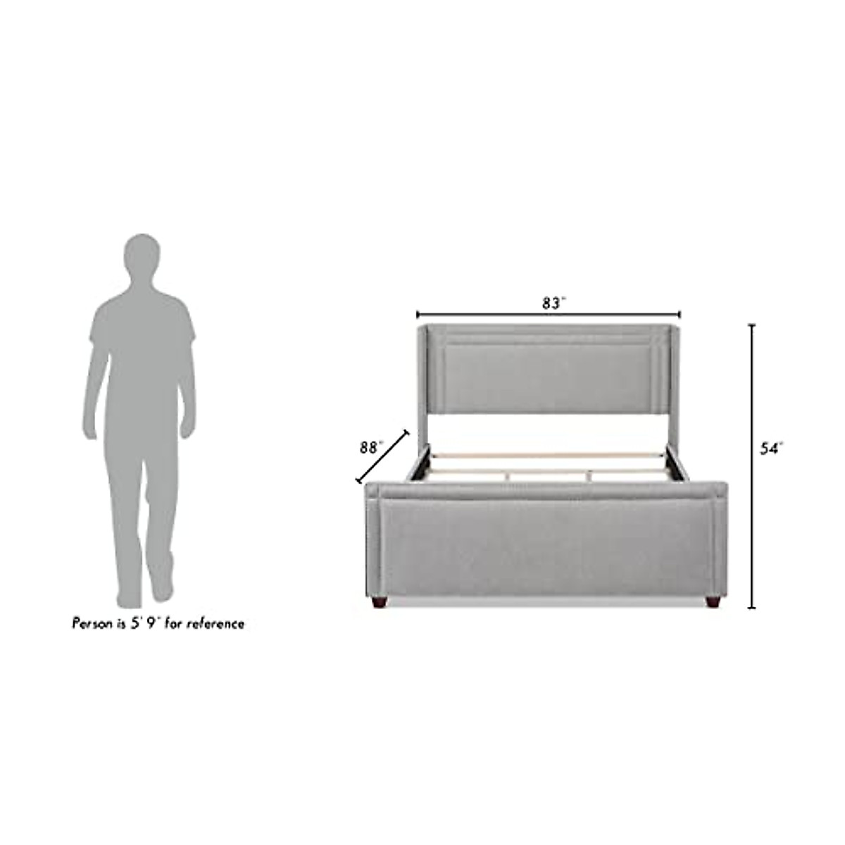 Jennifer Taylor Home Elle Collection Modern Upholstered King Size Bed Frame, Nailhead Trim, Silver Gray