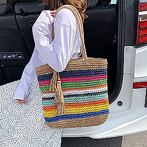 Shopping Female Large Capacity Tassel Tote Bag Shoulder Crossbody Ins Woven Handbag Multicolor