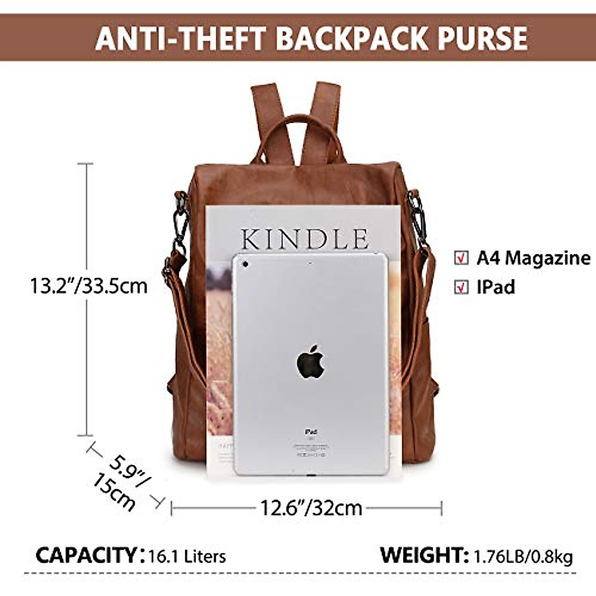 Backpack Purse for Women,Fashion Anti-Theft PU Leather Travel Shoulder Bag for Ladies Large Satchel VONXURY