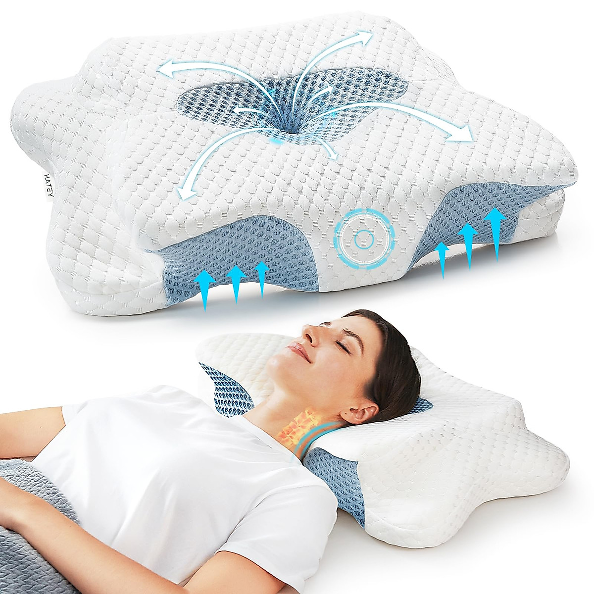 HATEY Neck Pillow for Pain Relief Sleeping, Hollow Design Cervical Memory Foam Pillows, Ergonomic Orthopedic Neck Support Contour Pillow for Side, Back and Stomach Sleepers